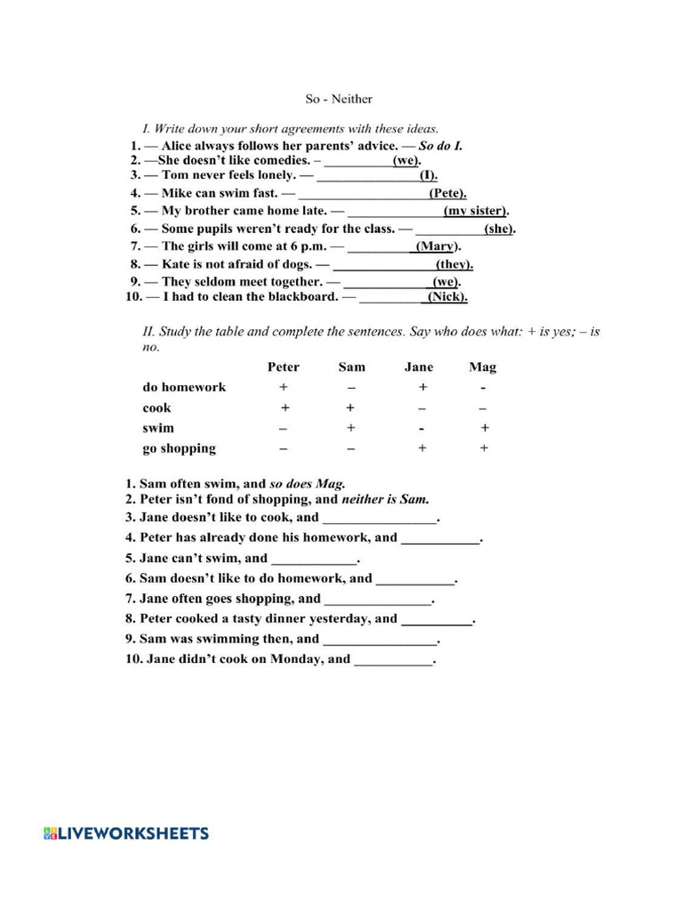 So and Neither Exercises | PDF