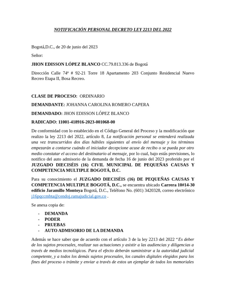 Notificación Judicial a Jhon López | PDF | Derecho