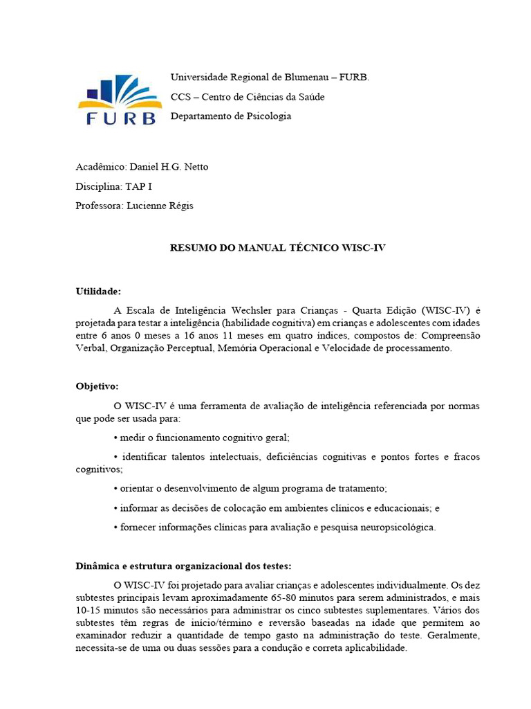 Resumo do manual WISC-IV | PDF