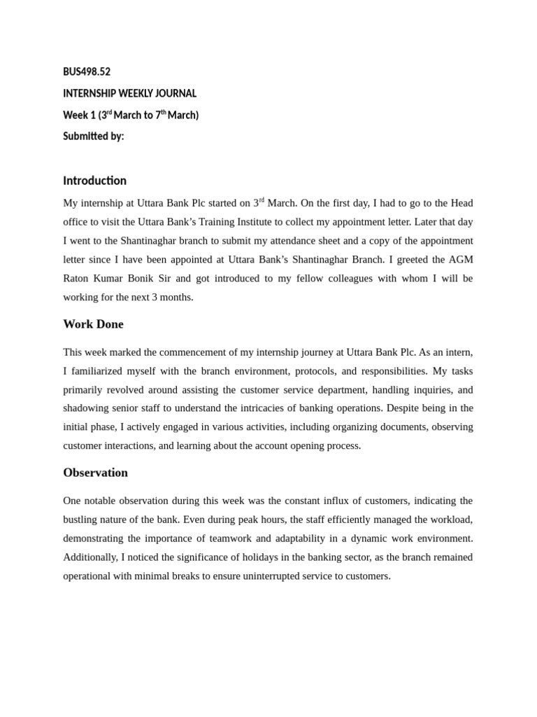 Weekly Journal of Internship Report | PDF