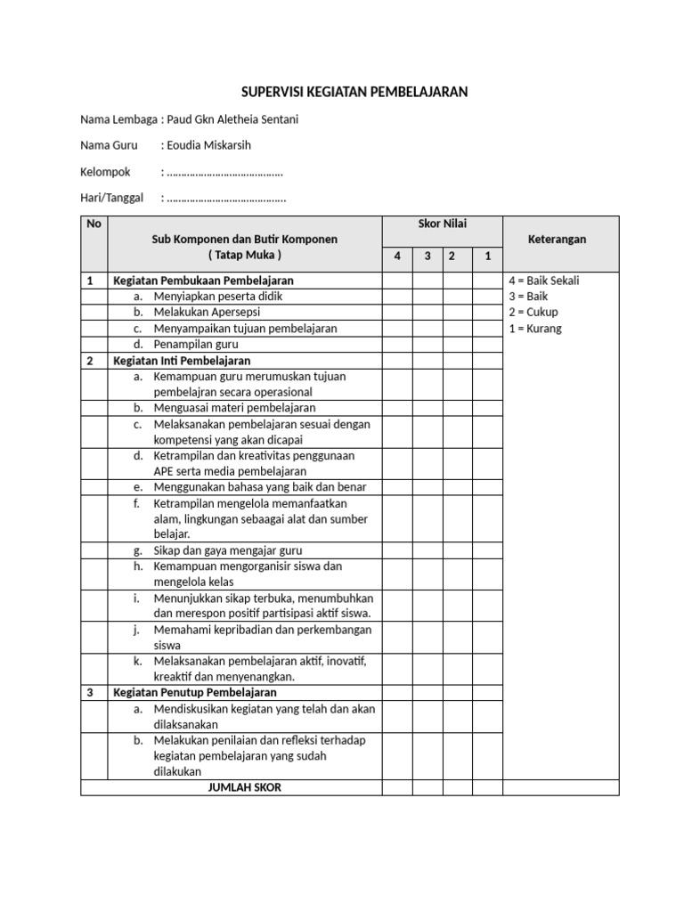 Supervisi Kegiatan Pembelajaran Paud GKN Aletheia Sentani | PDF