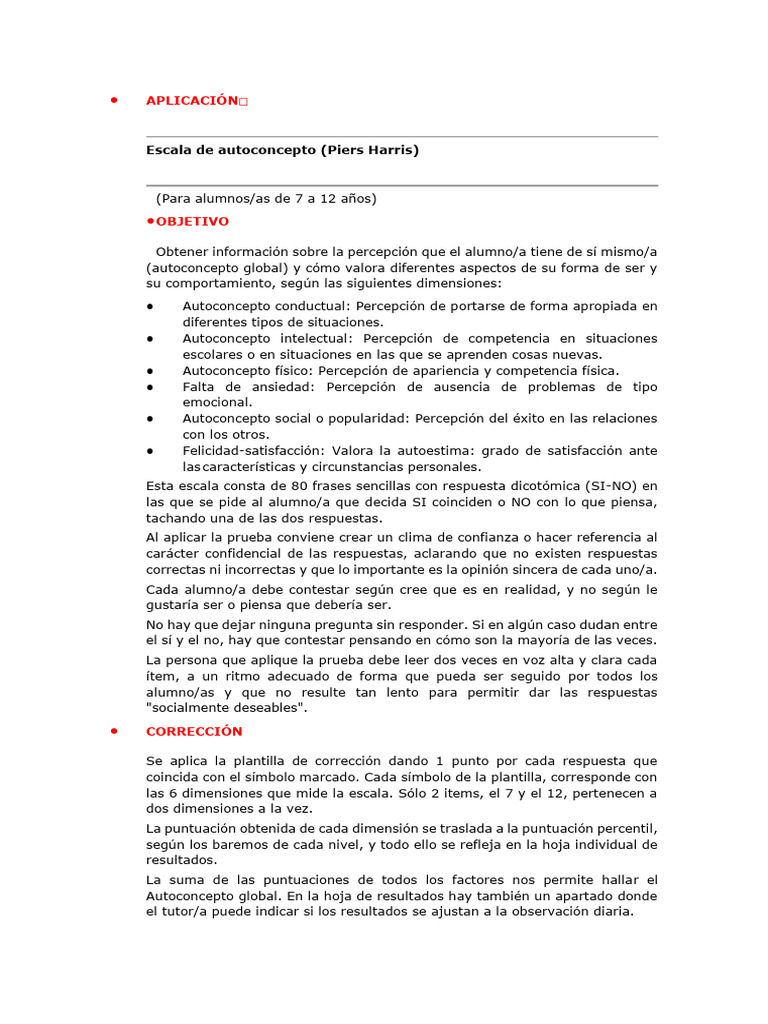 Escala de Autoconcepto Piers Harris | PDF