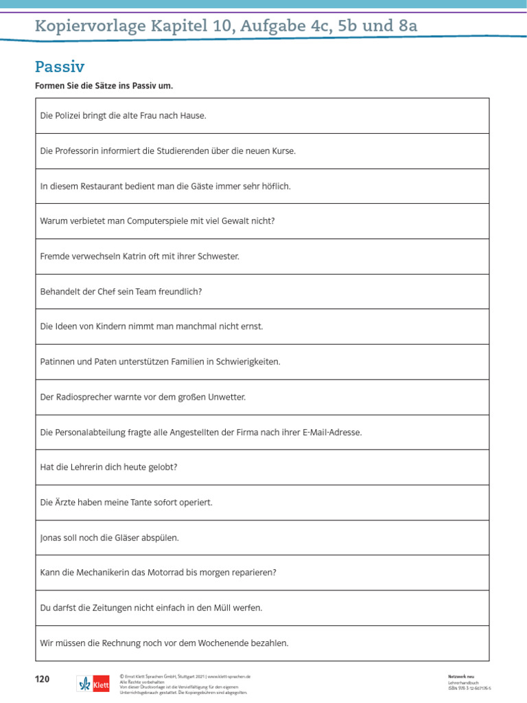 Passiv: Kopiervorlage Kapitel 10, Aufgabe 4c, 5b Und 8a | PDF