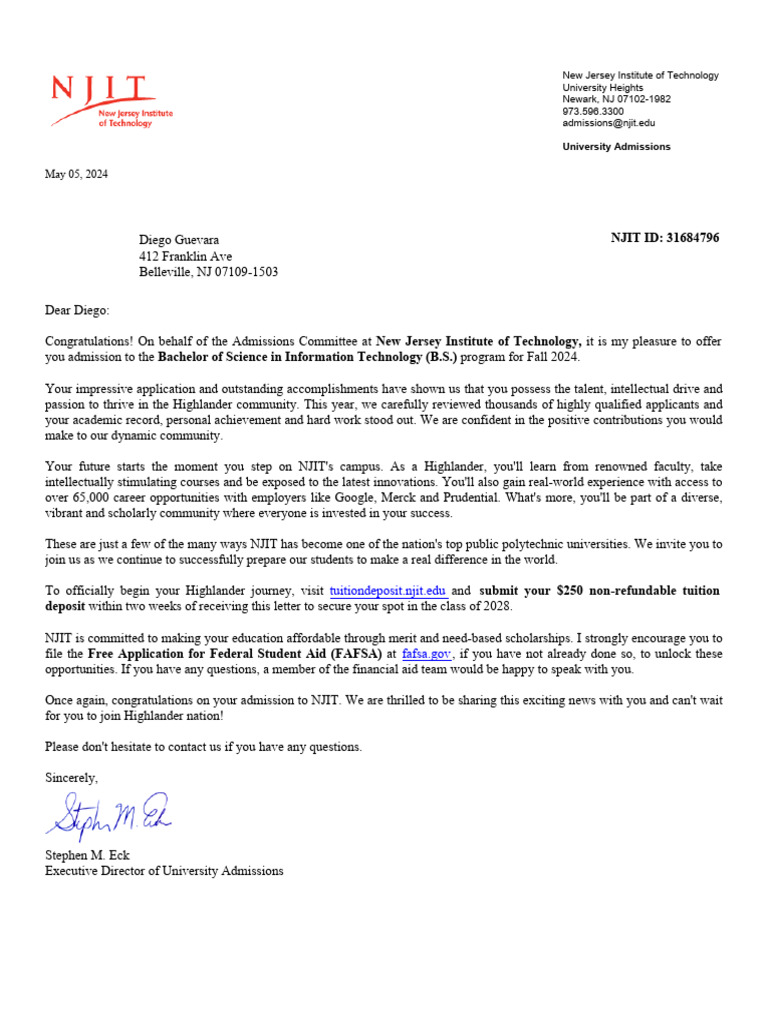 DiegoGuevara NJIT Letter of Acceptance | PDF