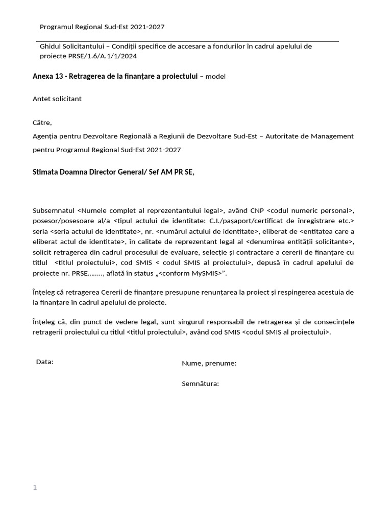Anexa 13 - Formular Retragere de La Finantare A Proiectului | PDF