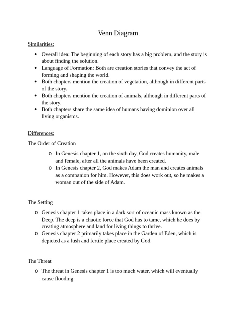 Venn Diagram For Genesis 1 and 2 | PDF