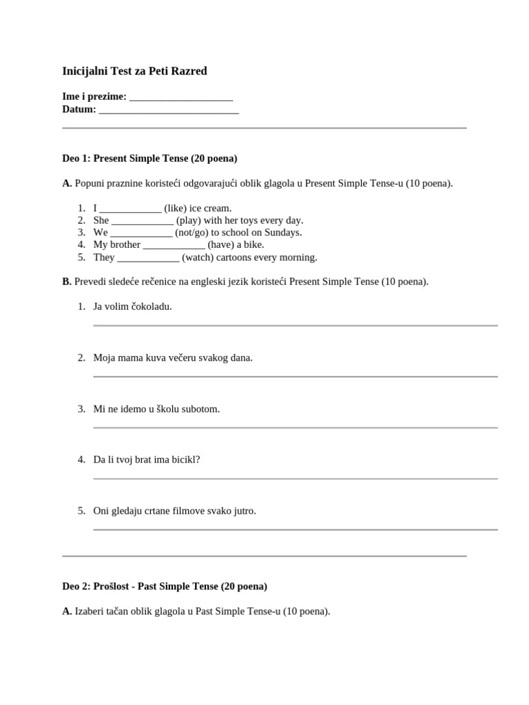 Inicijalni Test Za Peti Razred | PDF