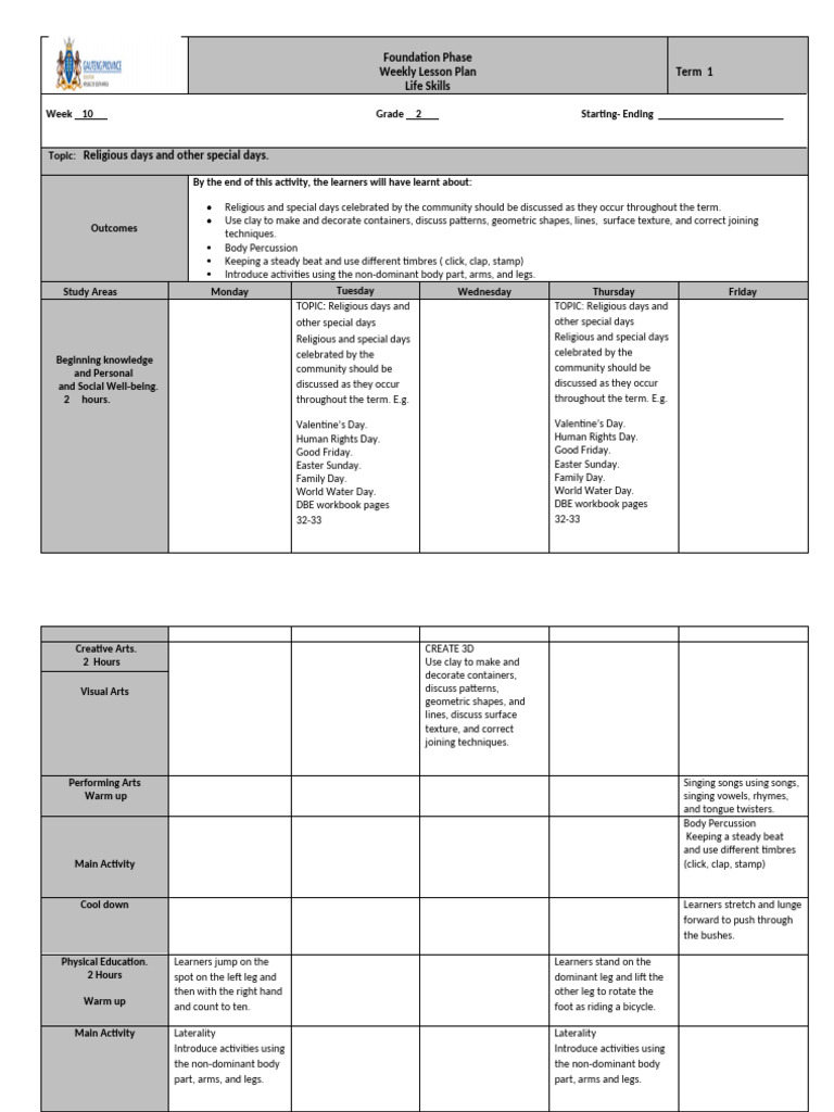 Life Skills Lesson Plans Grade 2 Week 10 | PDF