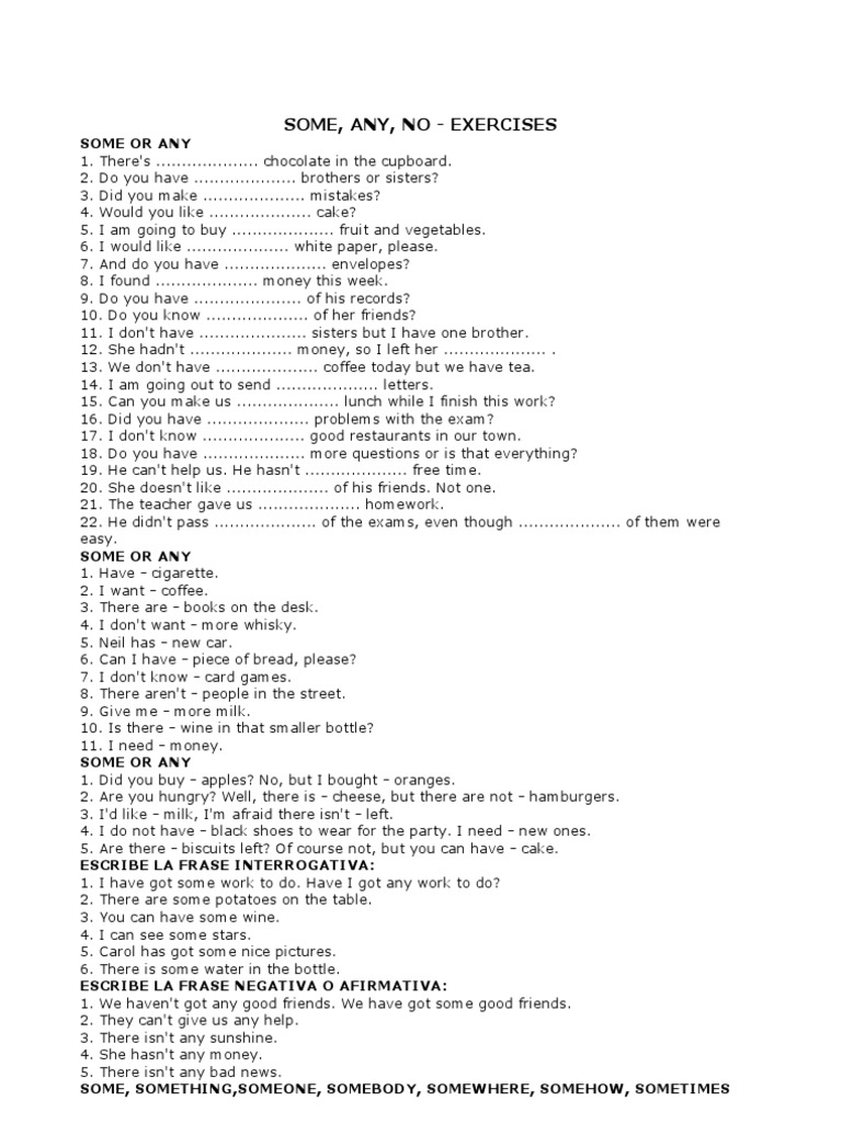 Some, Any, No - Exercises | PDF | Home & Garden