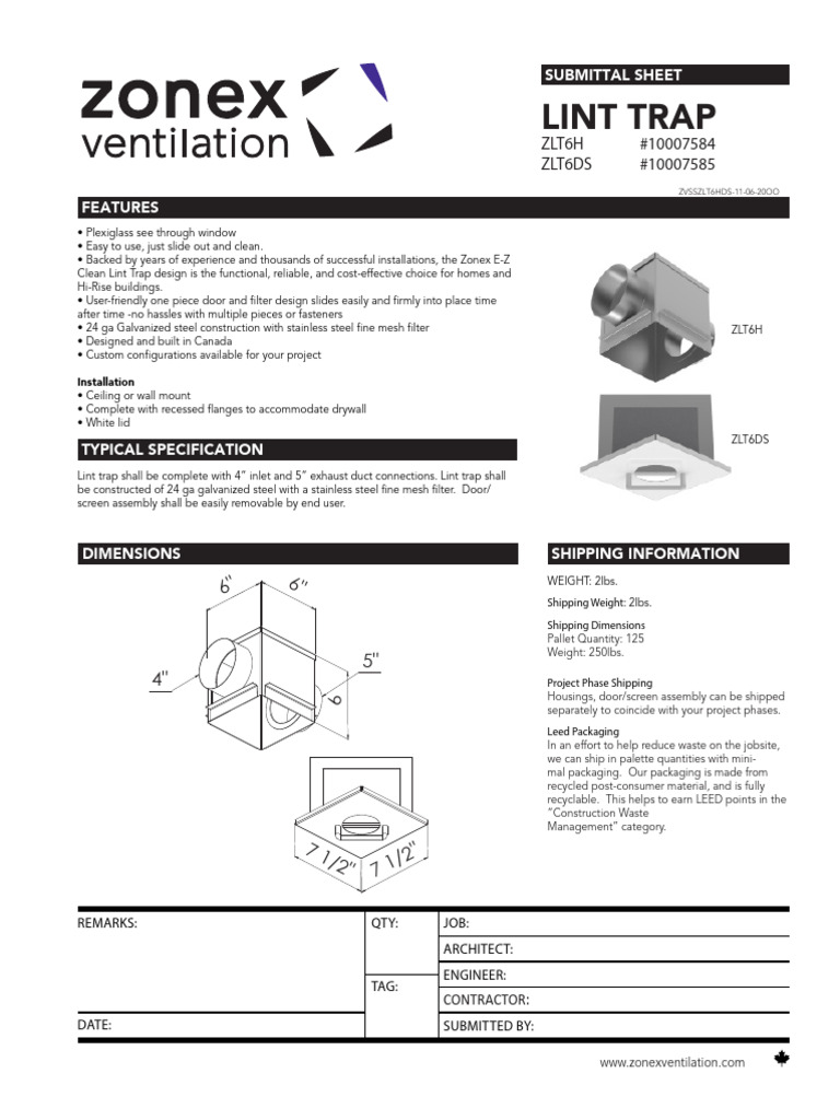 ZonexVentilationSubmittal LINT TRAP 6INCH | PDF