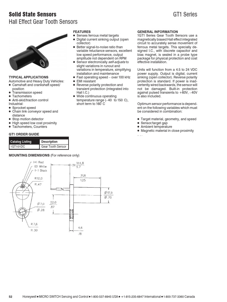 Solid State Sensors: GT1 Series Hall Effect Gear Tooth Sensors | PDF