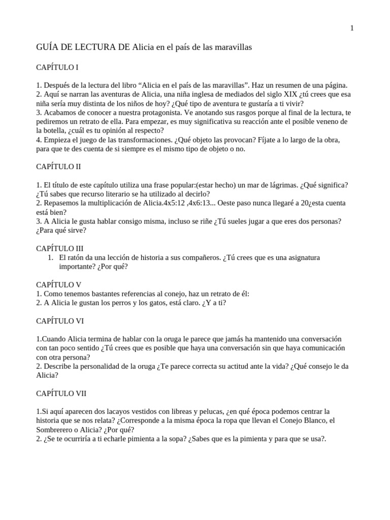 Guía de Lectura de Alicia en El País de Las Maravillas | PDF