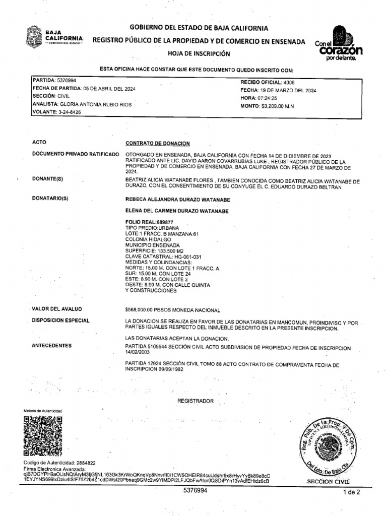 ejemplo escrituracion donacion en rppc | PDF