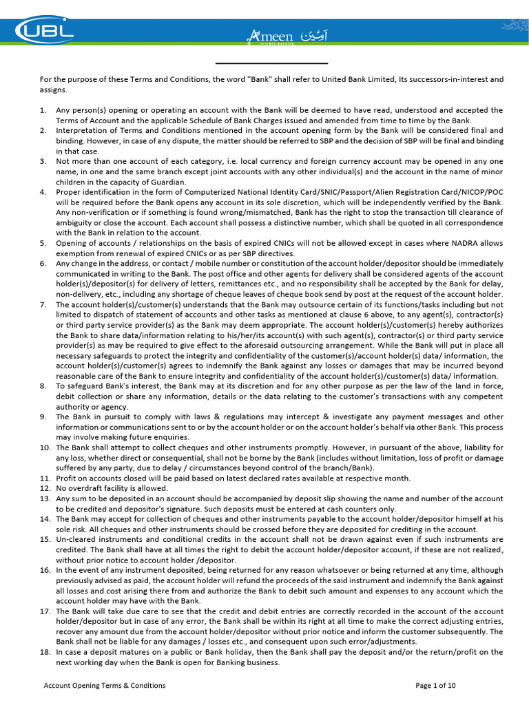 Ameen AOF T&Cs (English) Updated With Esaar | PDF | Banks | Cheque