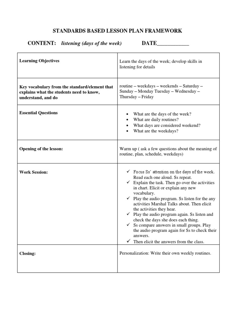 Standards Based Lesson Plan Framework | PDF | Language Arts ...