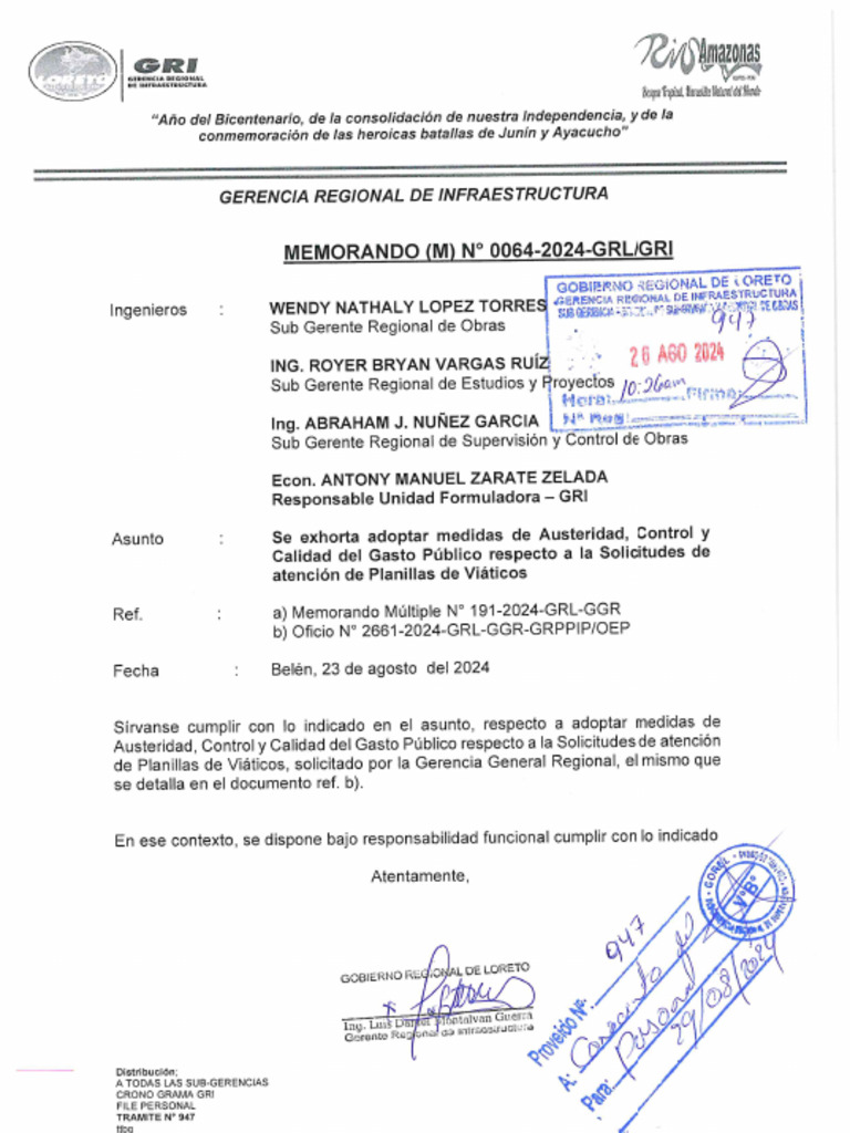 Memorando (M) N°0064-2024-Grl-Gri - Viaticos | PDF