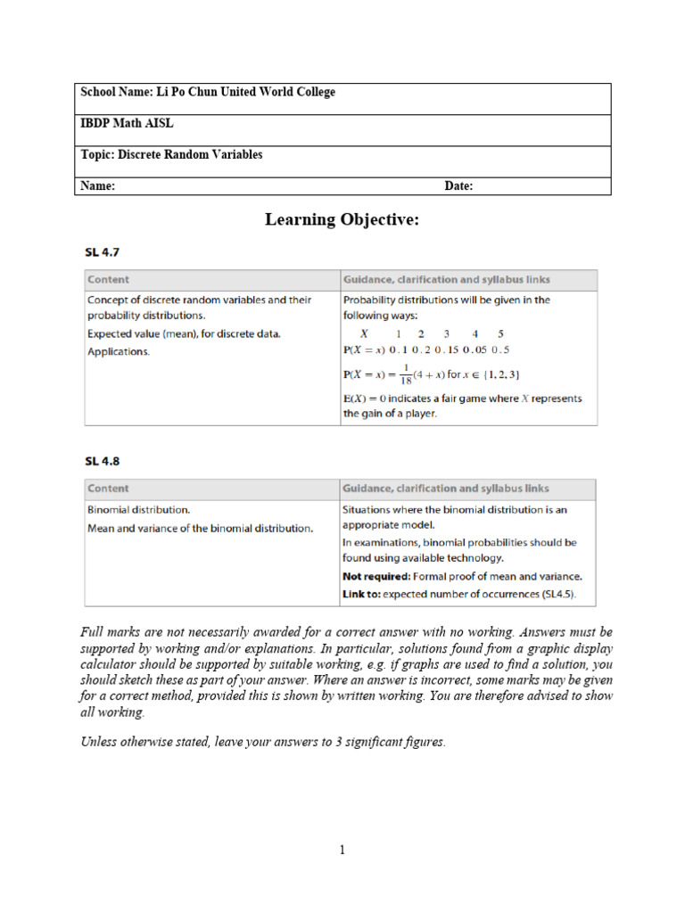 Worksheet Discrete Random Variables | PDF