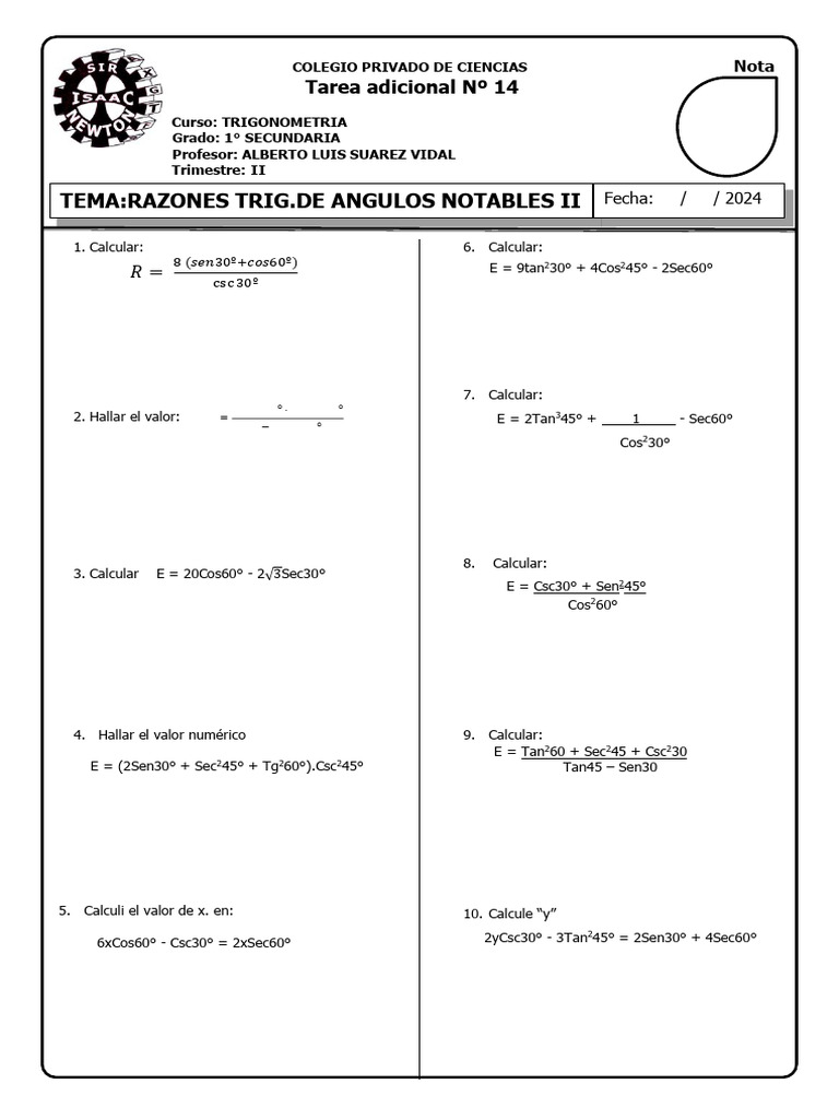 Tarea Adicional N°14 Trigo. 1° Sec. Razones Trigo. de Angulos Notables Parte Ii Newton 2024 | PDF