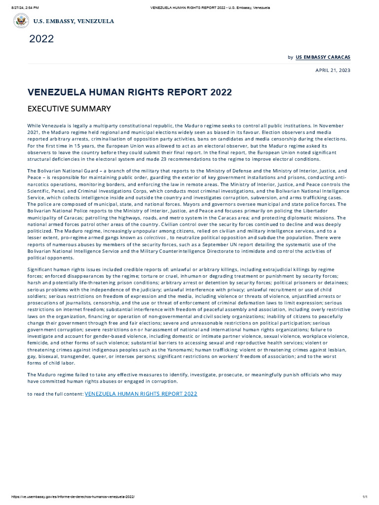 Venezuela Human Rights Report 2022 Embassy | PDF