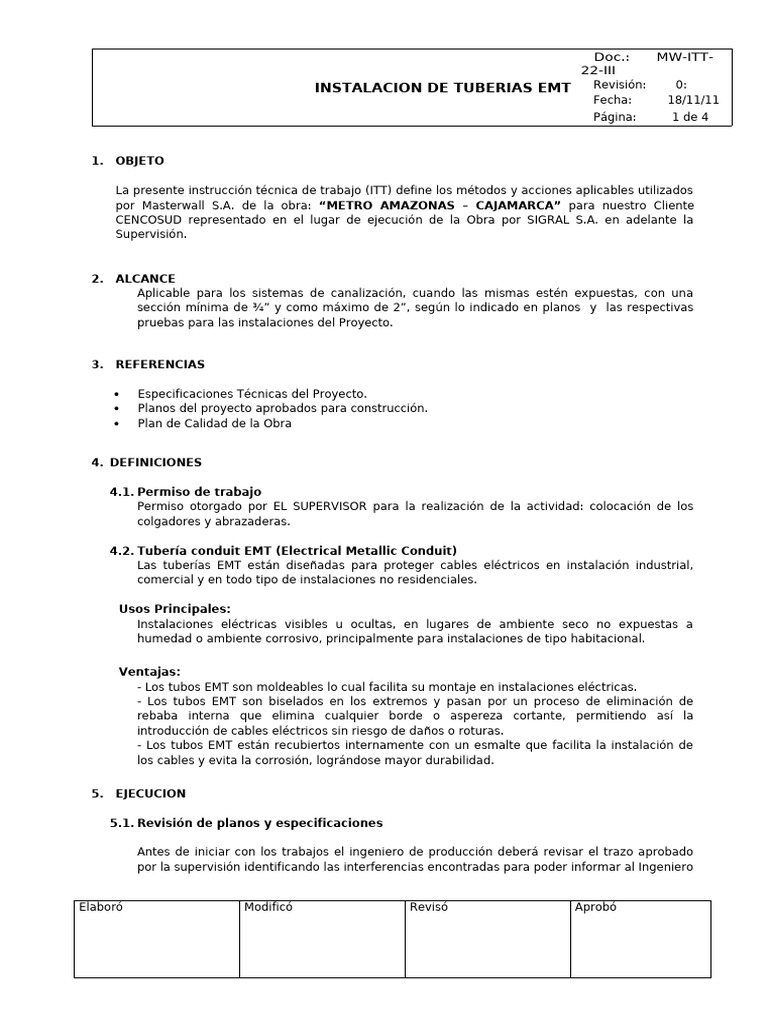 MW-ITT-22 - III - Rev. 0 Instalación de Tuberia EMT | PDF