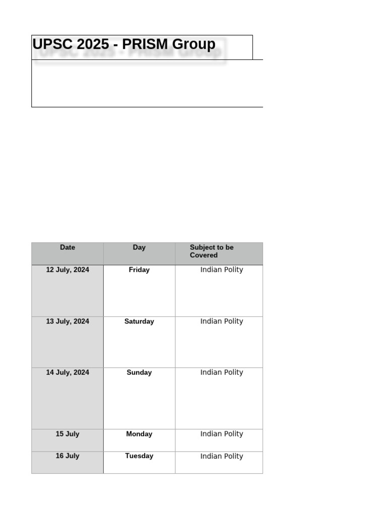 UPSC 2025 Complete Daywise Schedule (PRISM 2025) | PDF UPSC 2025 Complete Daywise Schedule (PRISM 2025) | PDF