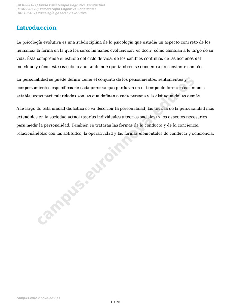 U1. Psicología General y Evolutiva | PDF
