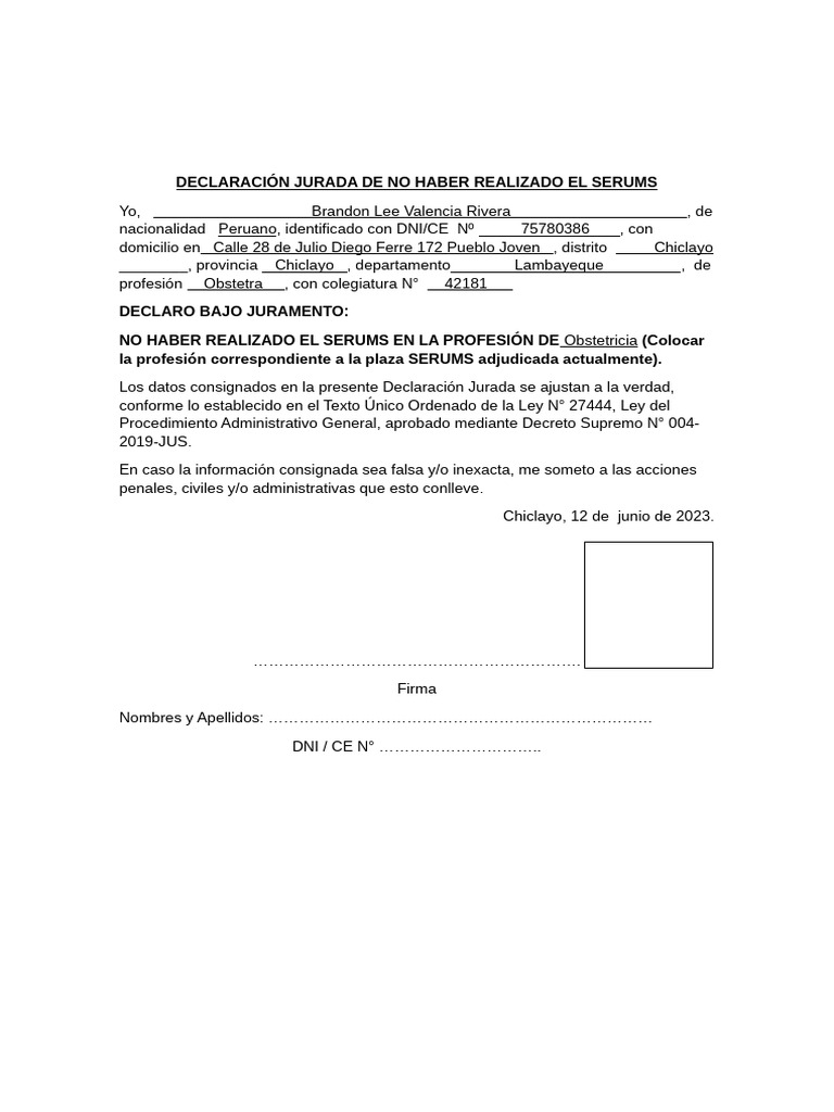 Declaración Jurada de No Haber Realizado El Serums | PDF | Documento de identidad | Gobierno