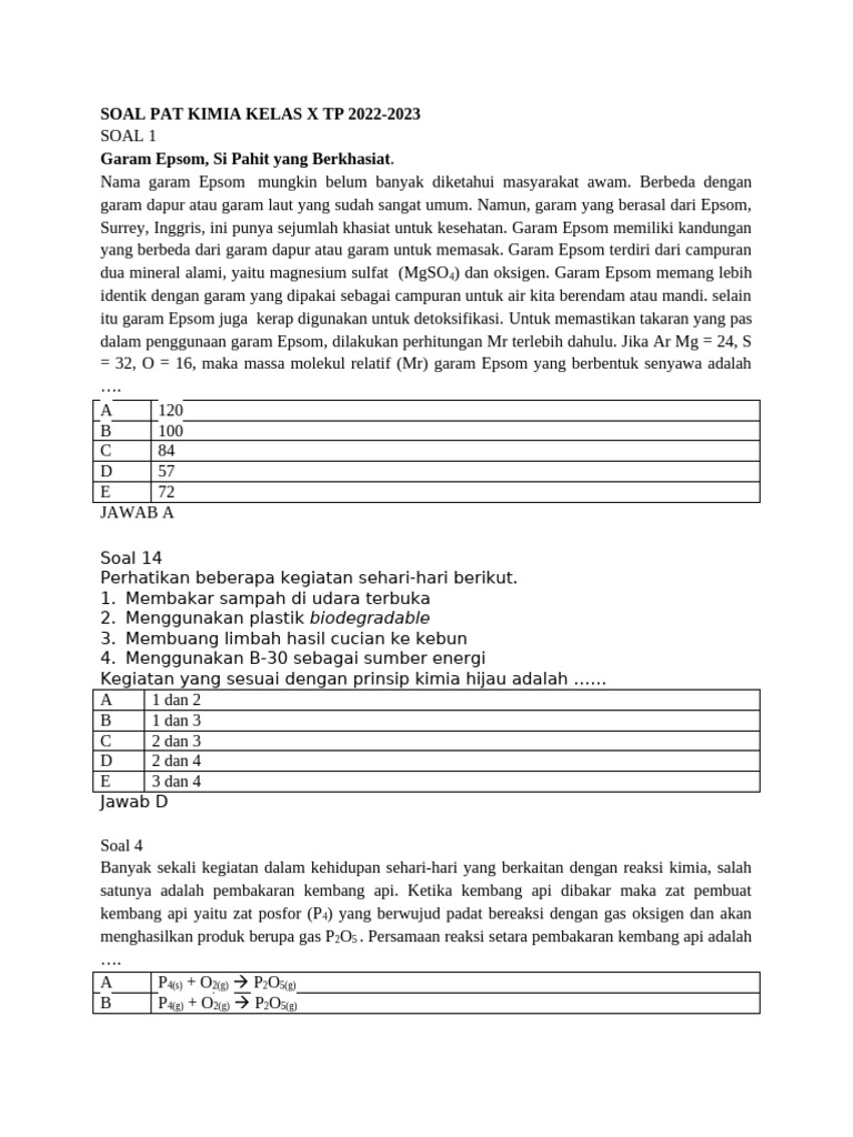 Soal Pat Kimia Kelas X TP 2022 | PDF