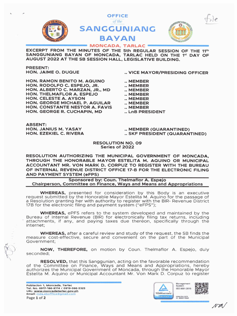 Resolution No. 09 S. 2022 BIR Registration EFPS | PDF