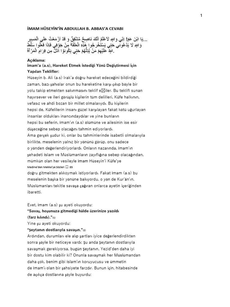 İmam Hüseyi̇n'i̇n Abdullah B. Abbas'a Cevabi | PDF