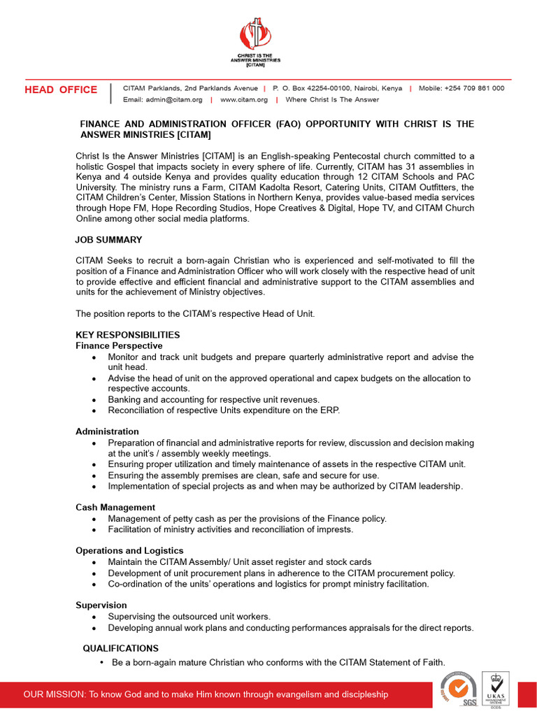 Finance and Admin Officer Advert | PDF