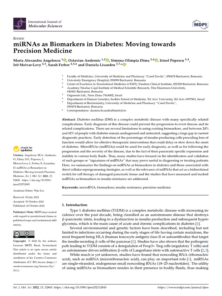 miRNA in DIabetes Mellitus Type 1 As Precision Medicine | PDF