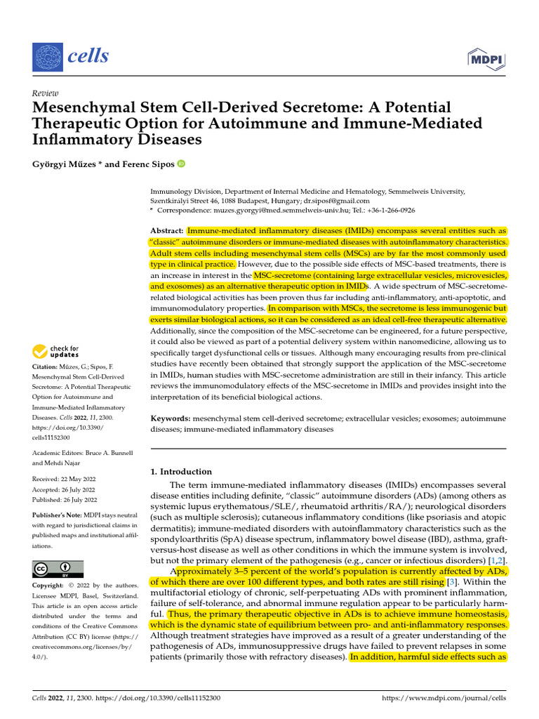 Mesenchymal Stem Cell-Derived Secretome A Potential Therapeutic Option For Autoimmune and Immune ...