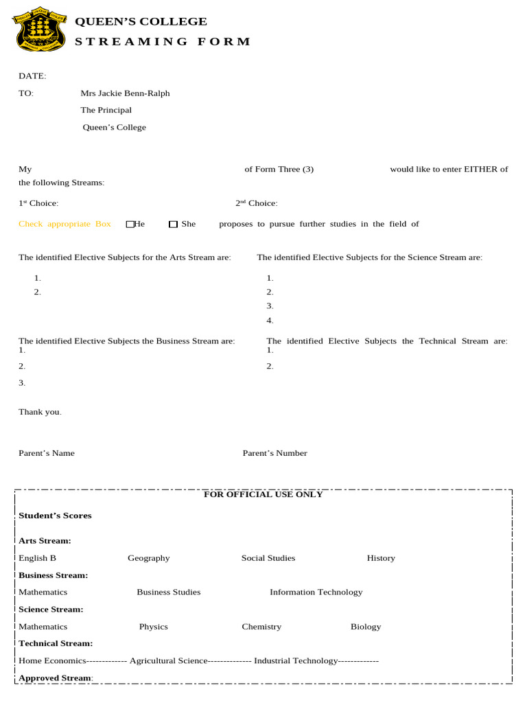Queen's College-Streaming Form 2020 | PDF