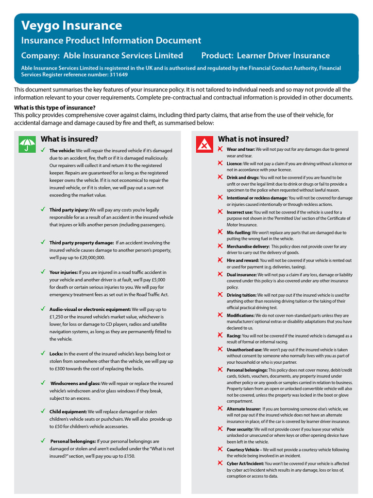 Learner Driver Insurance Product Information Document | PDF