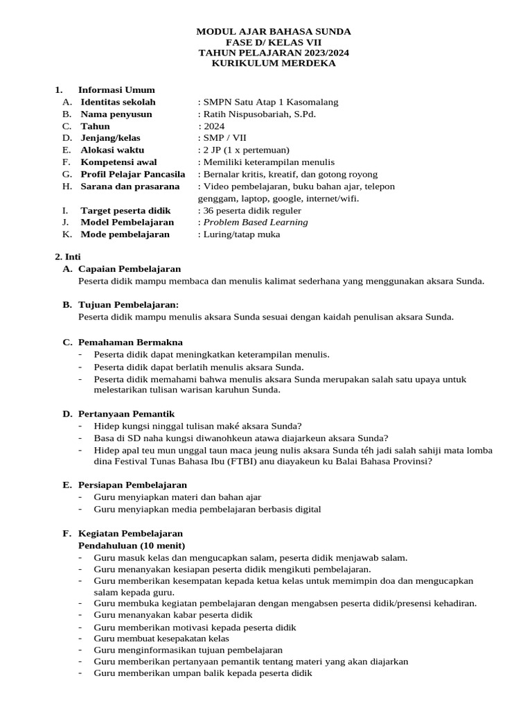 Modul Nulis Aksara Sunda Kelas VII Observasi | PDF