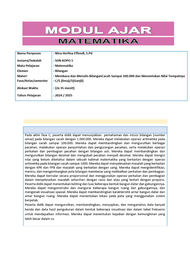 Modul Ajar MTK Bilangan Cacah Kls V | PDF