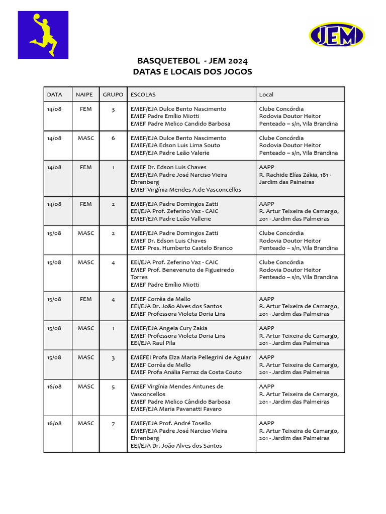 Basquetebol - Datas e Locais Dos Jogos - Jem 2024 | PDF
