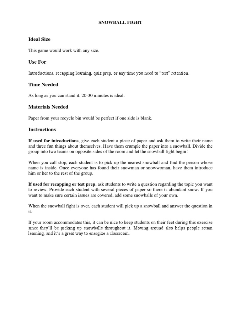 Ideal Size: Snowball Fight | PDF | Classroom