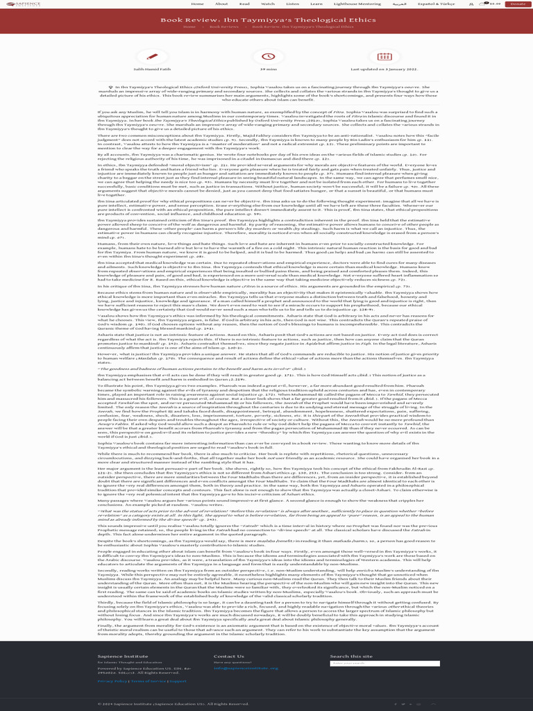 Book Review - Ibn Taymiyya's Theological Ethics - Sapience Institute | PDF