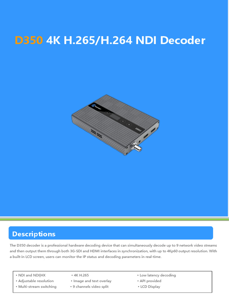 D350 4K NDI Decoder Datasheet | PDF | Tecnología de cine y video ...