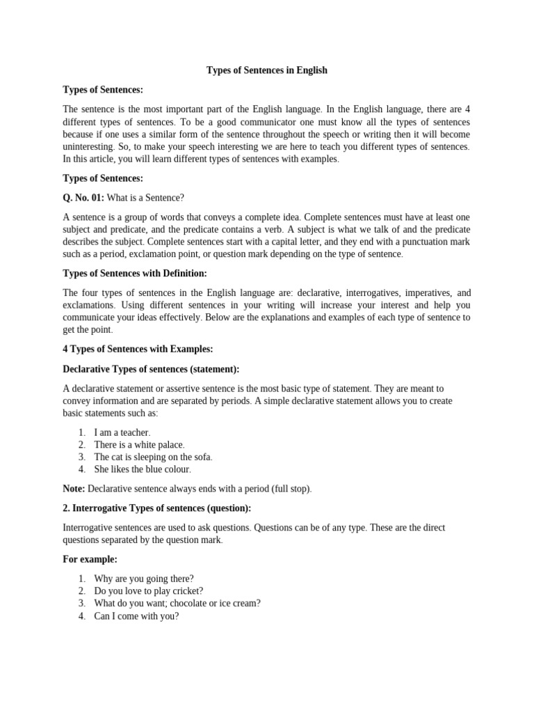 Types of Sentences in English 01 | PDF