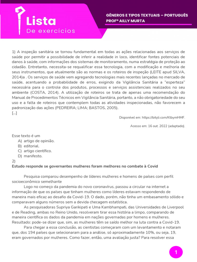 Lista - Gêneros e Tipos Textuais | PDF | Câncer | Inteligência artificial
