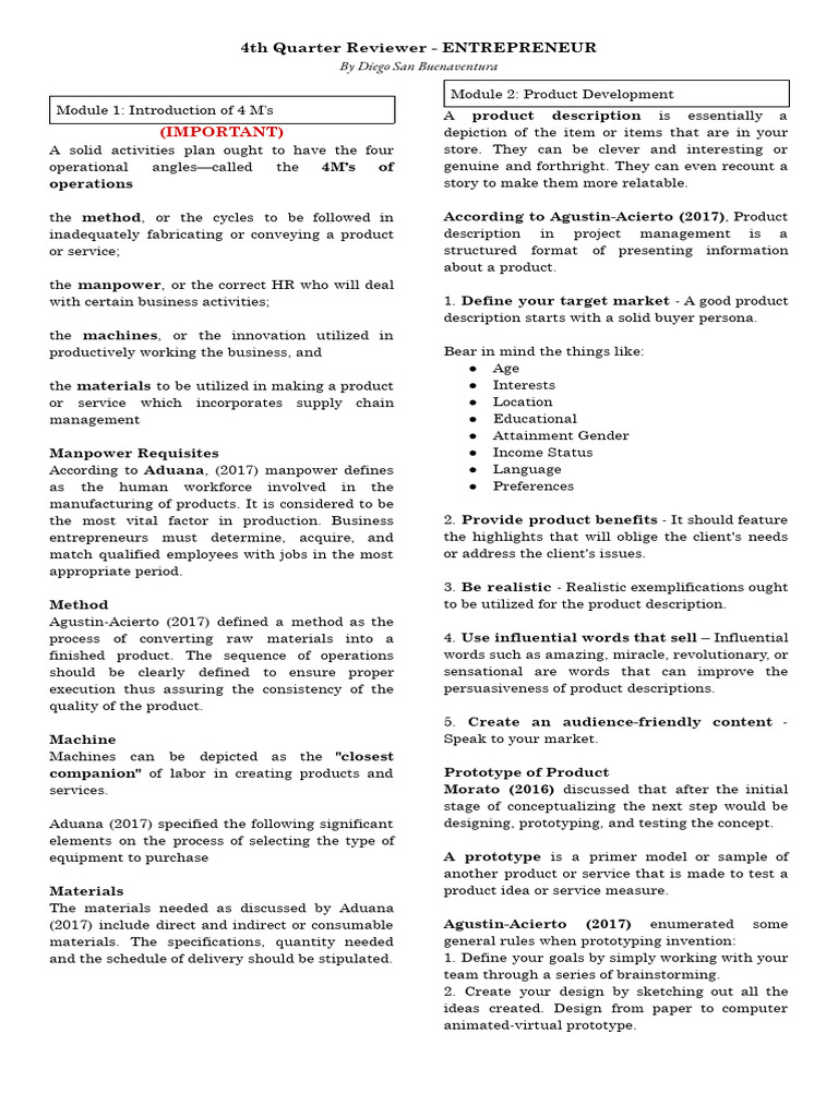 4th Quarter Reviewer - ENTREPRENEUR | PDF