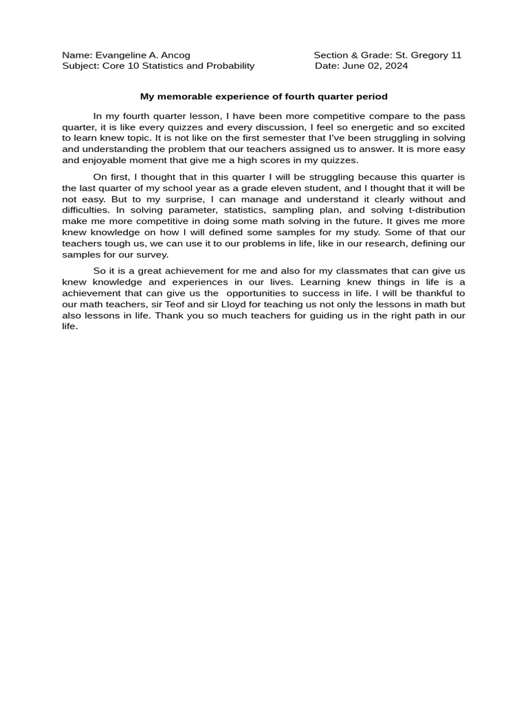 Reflection for the Fourth Quarter | PDF