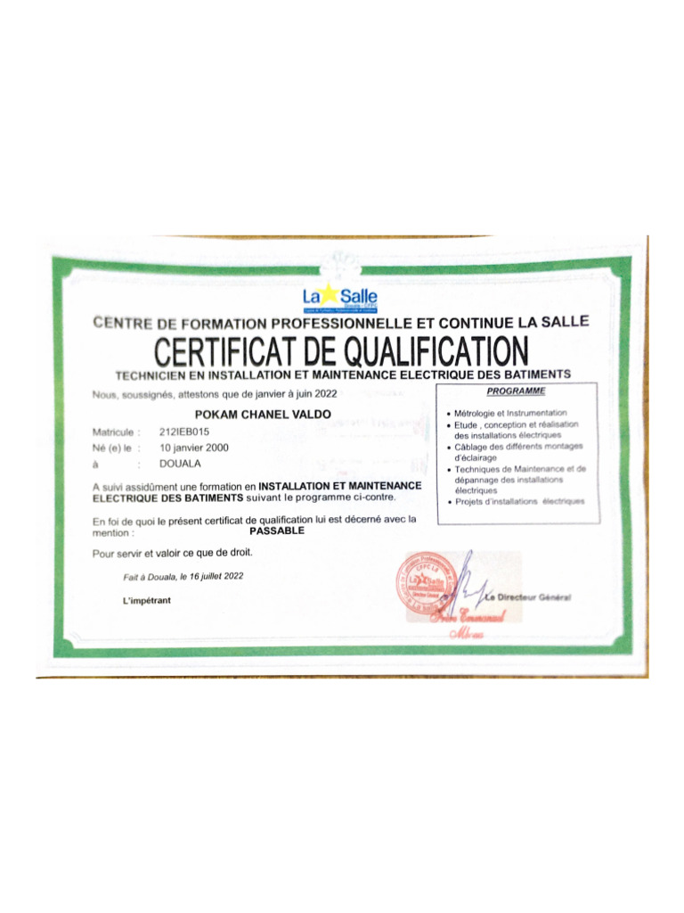 Certificat de Qualification DELASALLE | PDF