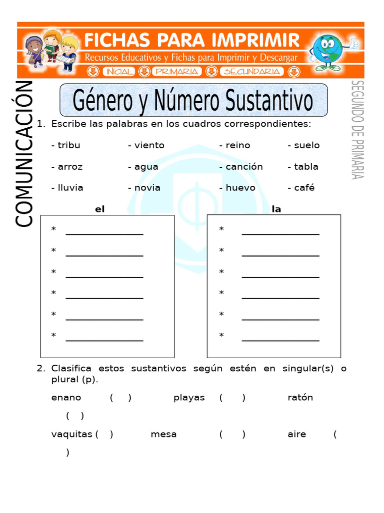 Ficha de Genero y Numero Del Sustantivo para Segundo de Primaria | PDF