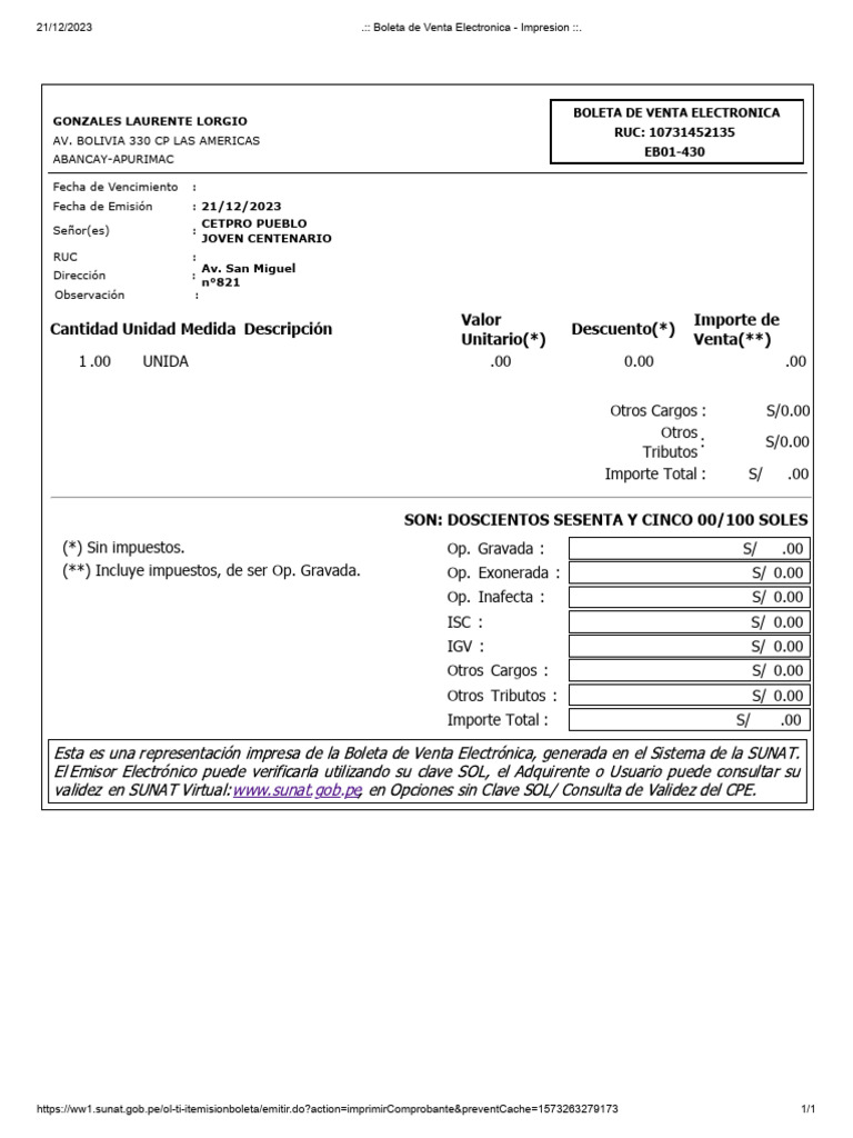 Boleta de Venta Electronica | PDF