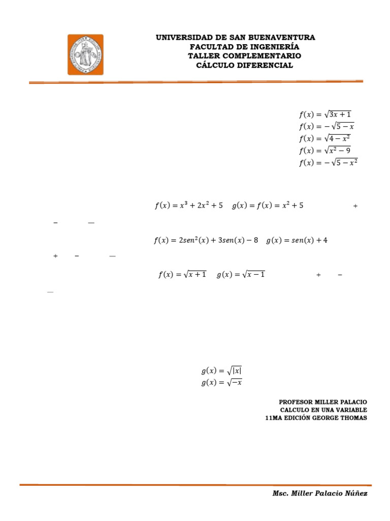 Taller 5 Dominio y Rango de Func Radicales y Operaciones Con Funciones Cálculo Diferencial Usb | PDF