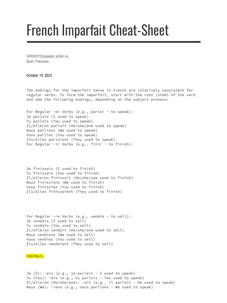 French Imparfait Cheat Sheet | PDF